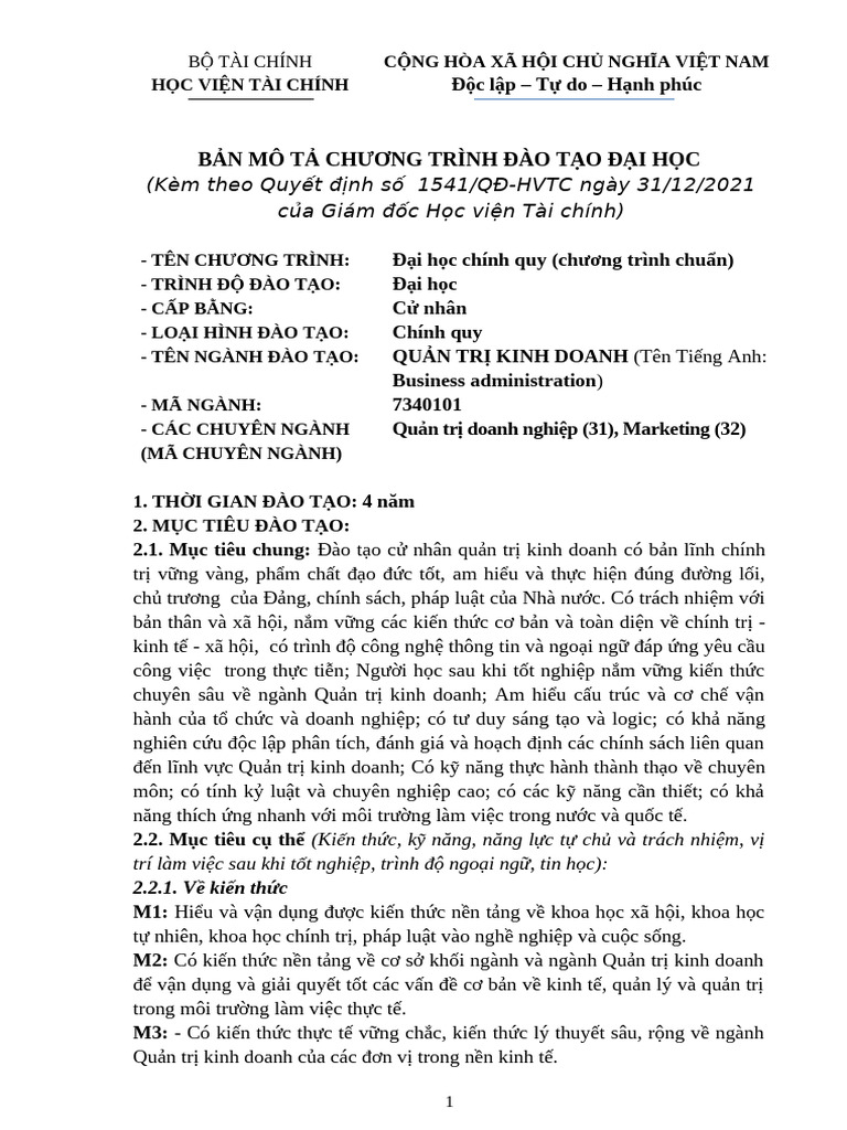 Mo Ta CTDT Qtkd. 2021 | PDF