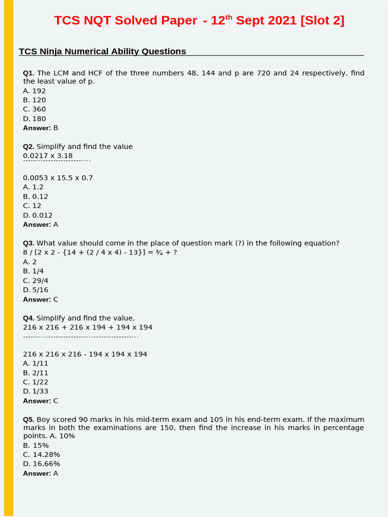 TCS NQT Solved Paper - 12th Sept 2021 [Slot 2] | PDF | Argument