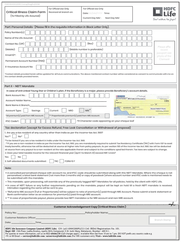 Critical Illness Claim Form | PDF | Insurance | Identity Document