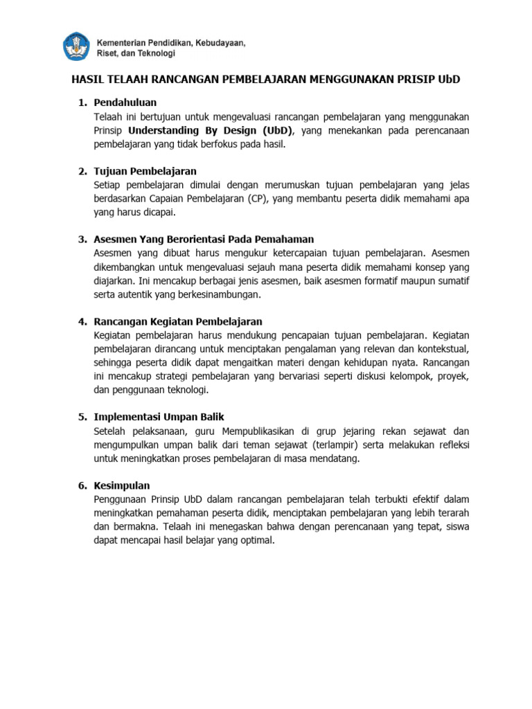 Hasil Telaah Rancangan Pembelajaran Menggunakan Prisip Ubd | PDF