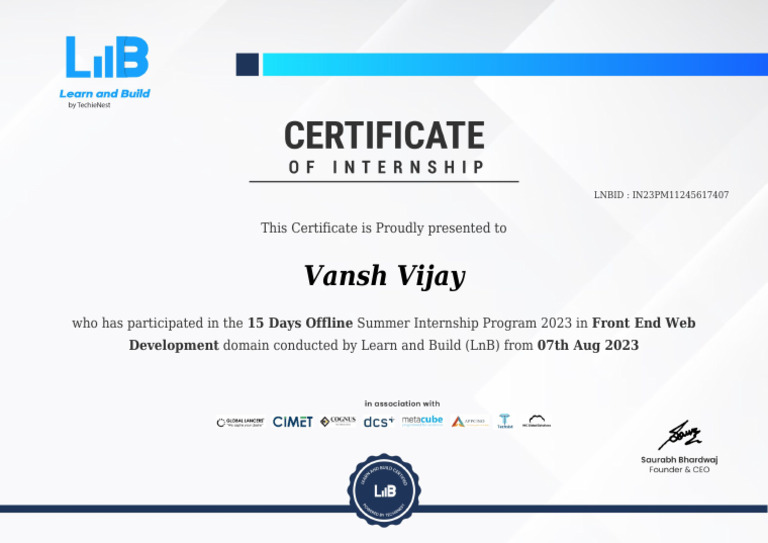 Front End Web Development Internship Certificate | PDF