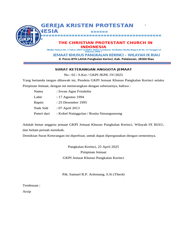 Surat Keterangan Jemaat | PDF
