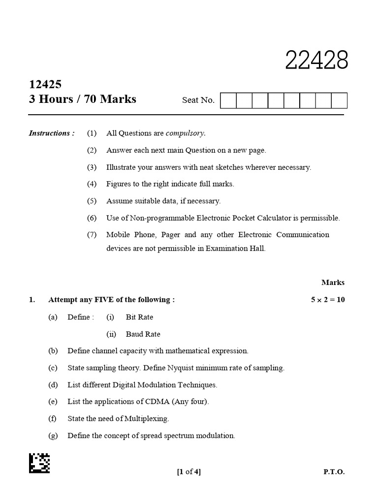 3 Hours / 70 Marks: Seat No | PDF | Computer Data | Physical Layer Protocols