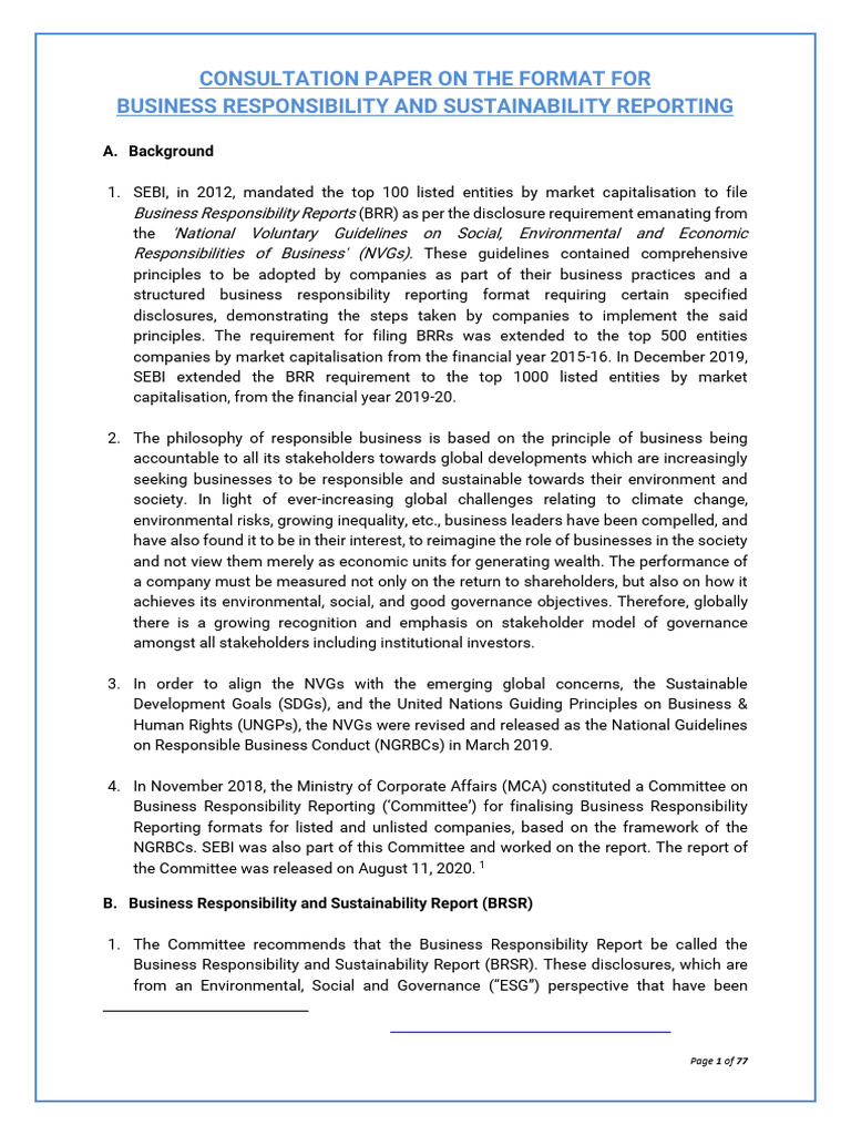 Consultation Paper On The Format For Business Responsibility and ...