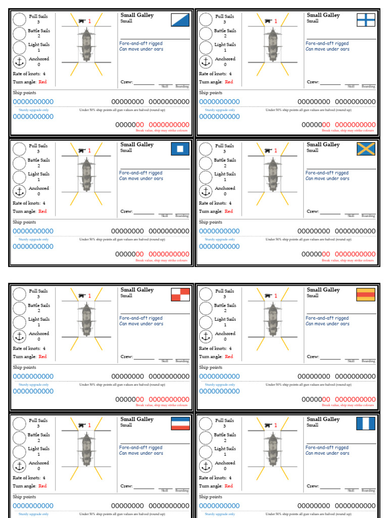 Black Seas Ship Cards (Small Galley) A4 | PDF | Galley | Ships