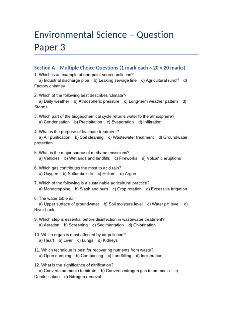 Environmental Science Question Paper 3 | PDF | Sewage Treatment | Pollution