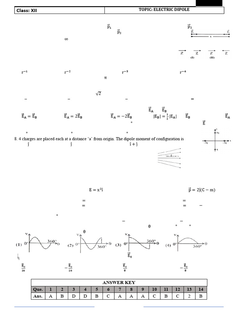 Class XII Worksheet 5 (Electric Dipole) | PDF | Dipole | Rotation