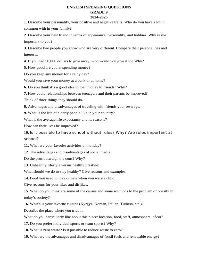 Grade 9 English Speaking Questions | PDF