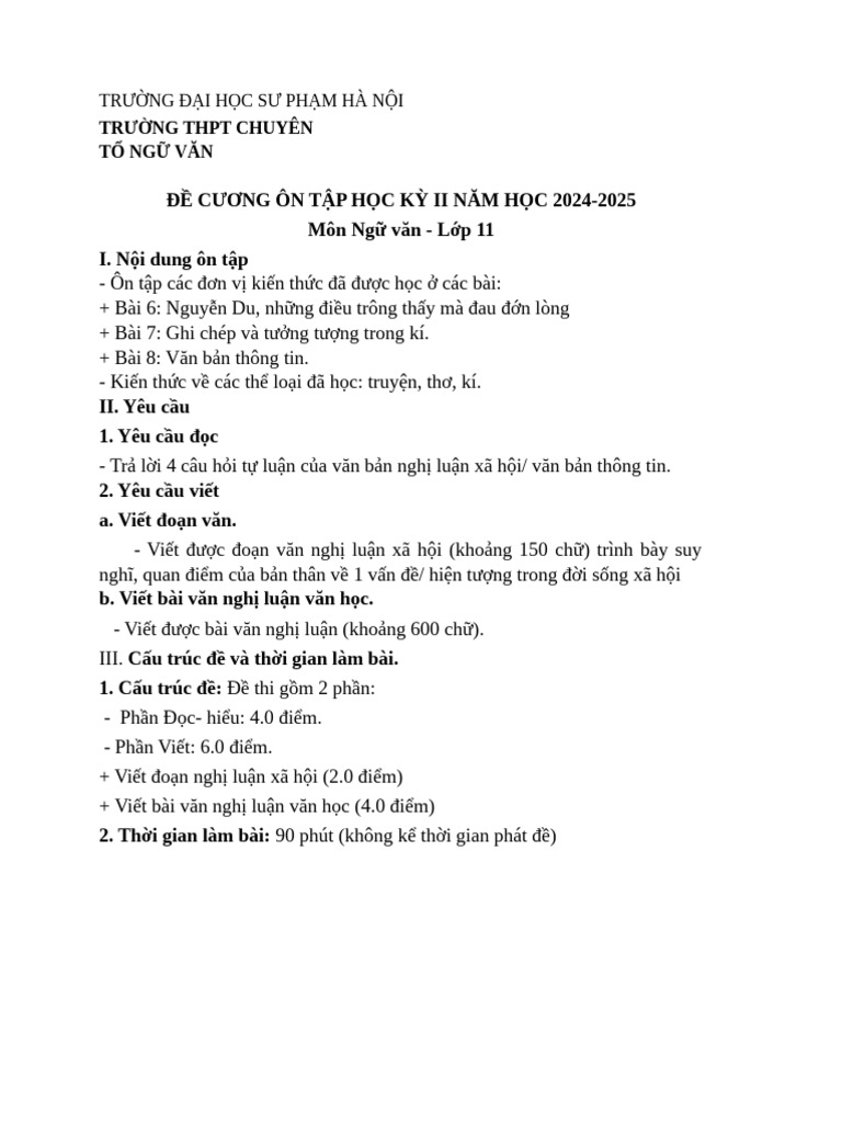 Đề Cương Ôn Tập Hkii Lơp 11, Dai Tra, Năm 2024-2025 | PDF