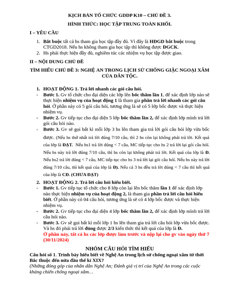 KỊCH BẢN TỔ CHỨC GDDP K10 | PDF