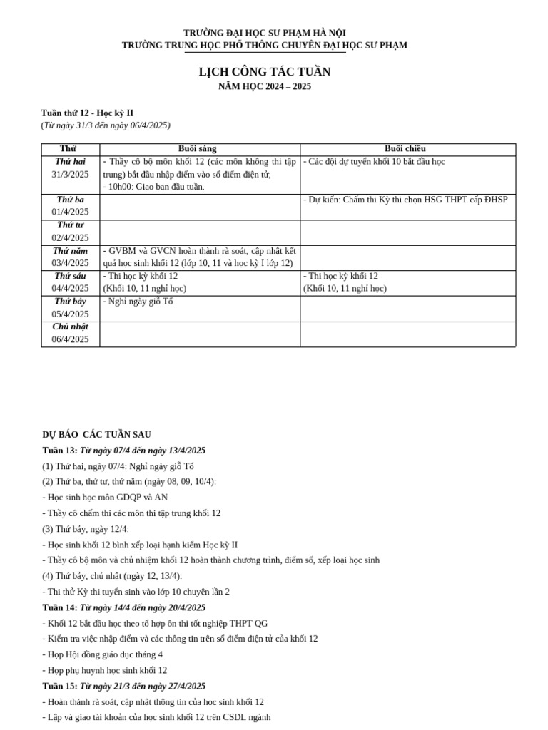 Lịch Công Tác Tuần 12 HKII 24-25 | PDF