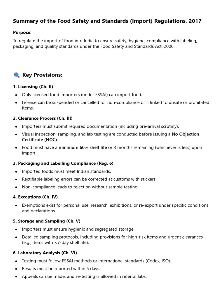 Summary of FSSAI Import Regulations 2017 | PDF | Food Safety ...