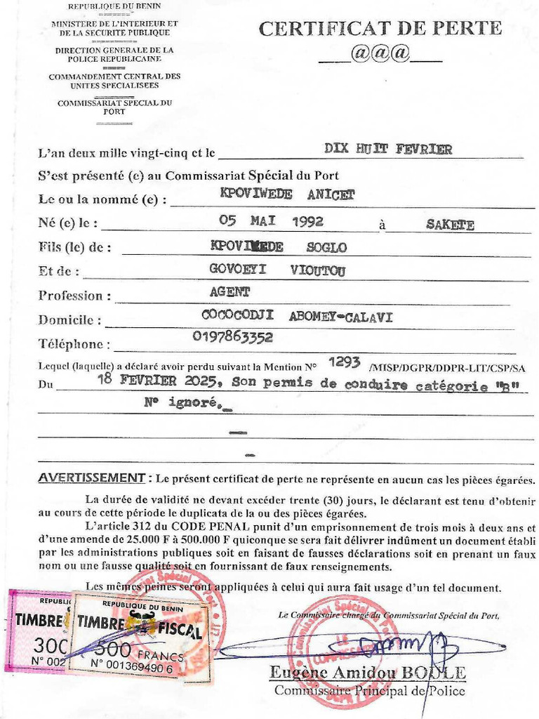 Certificat de Perte - 0001 | PDF