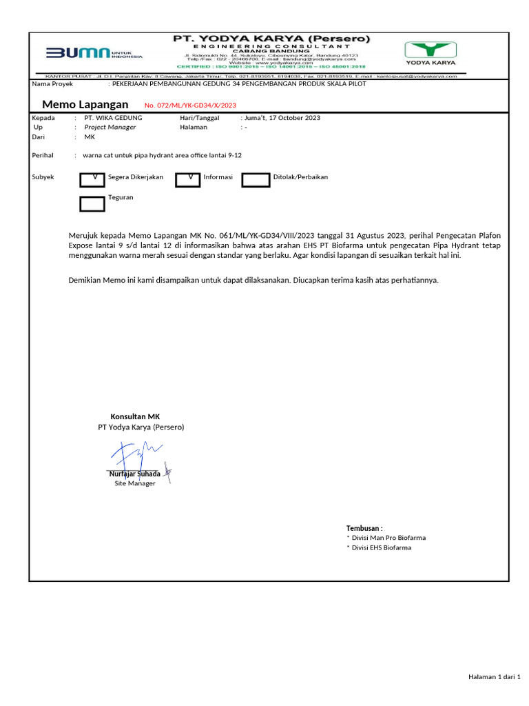 Memo Lapangan - Cat Warna Pipa Hydrant | PDF