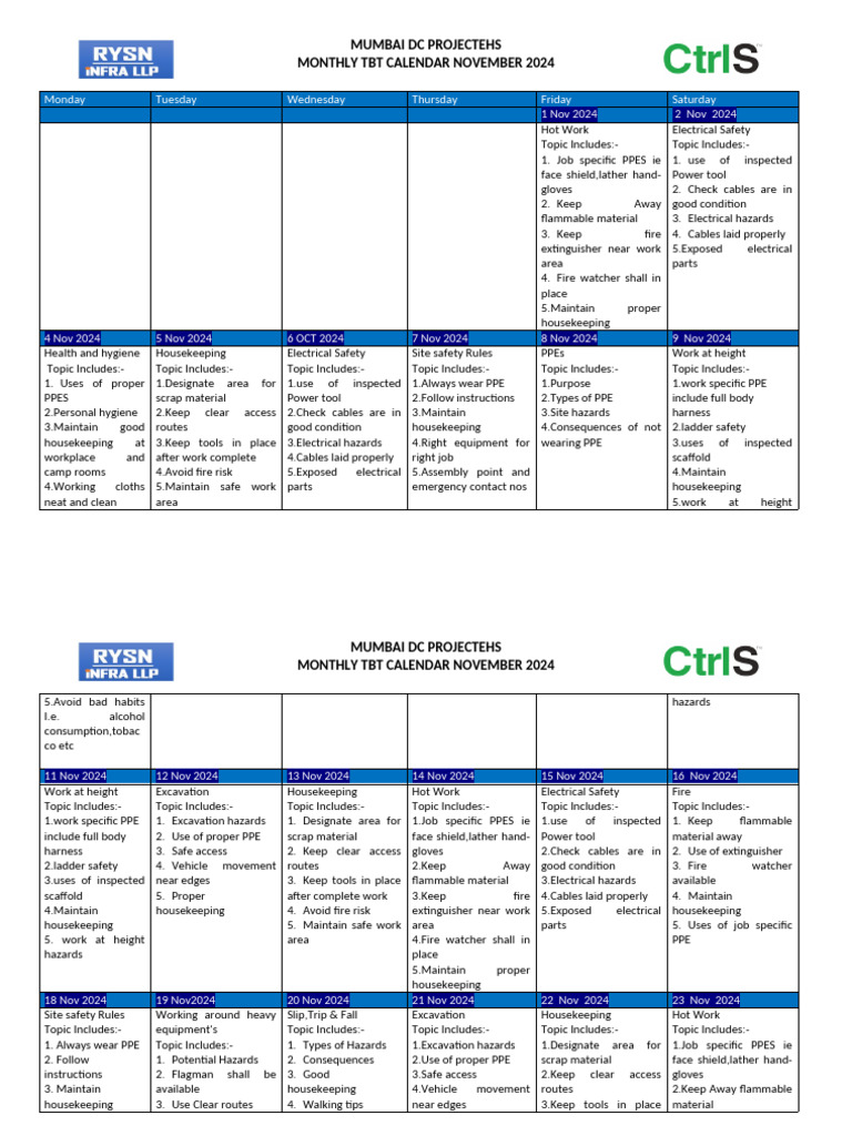 Monthly TBT Calender - November | PDF | Personal Protective Equipment | Housekeeping