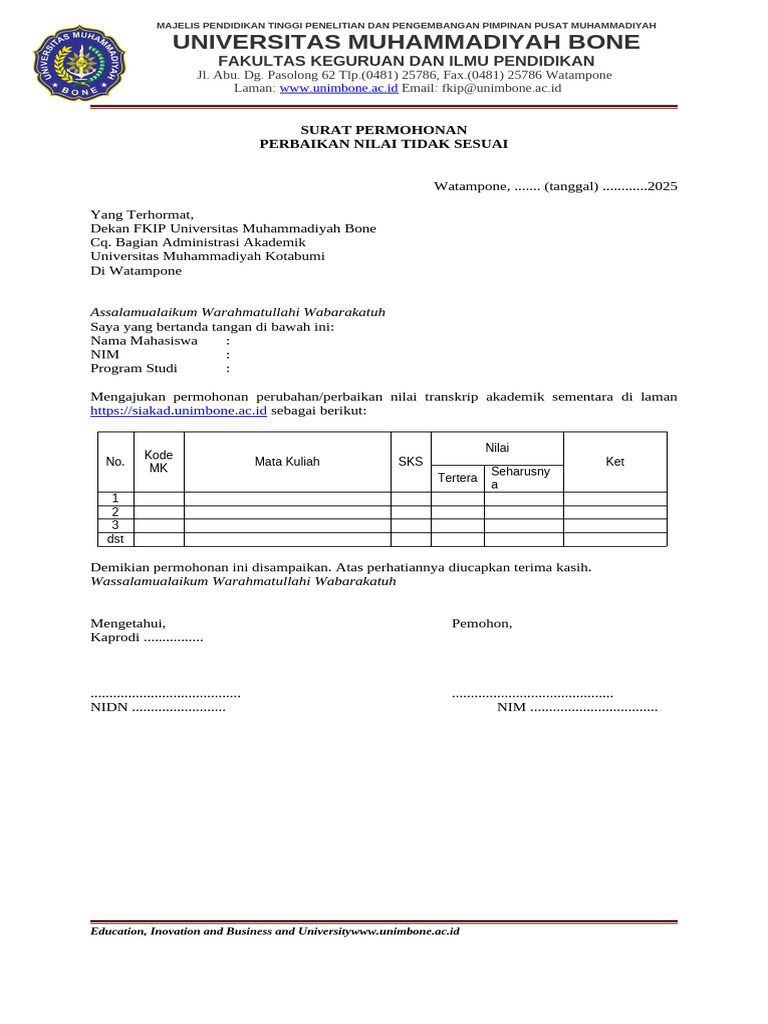 Surat Permohonan Perbaikan Nilai | PDF