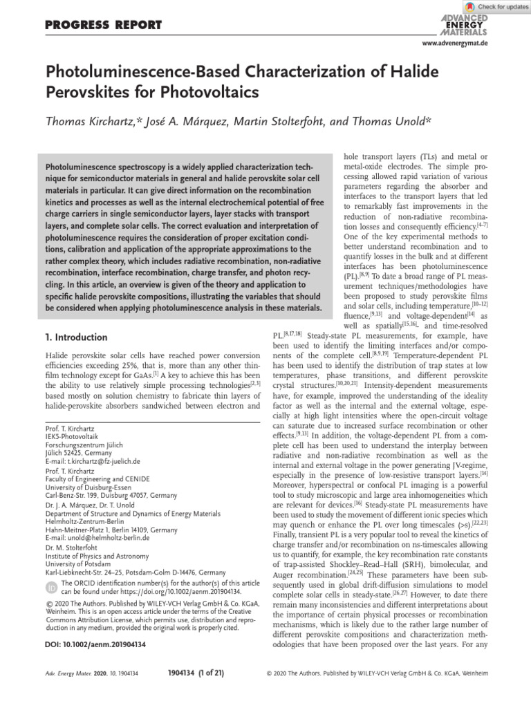 Advanced Energy Materials - 2020 - Kirchartz - Photoluminescence Based ...