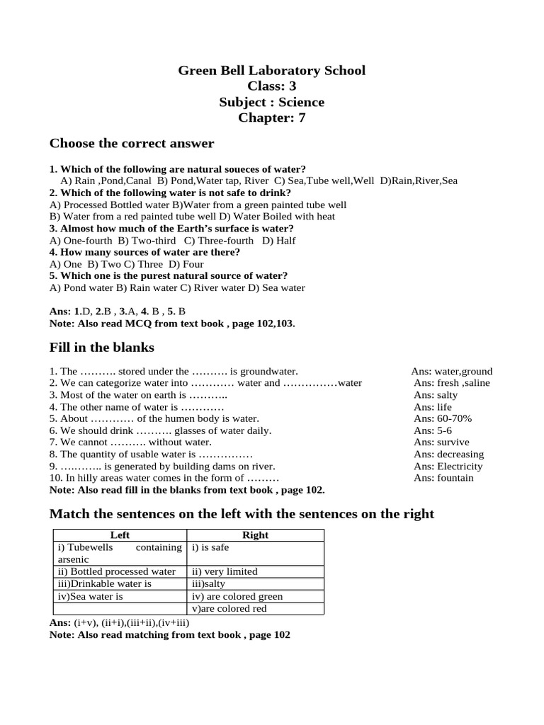 Class 3 Science Sheet - Chapter 7 - GBLS | PDF | Water | Water Conservation