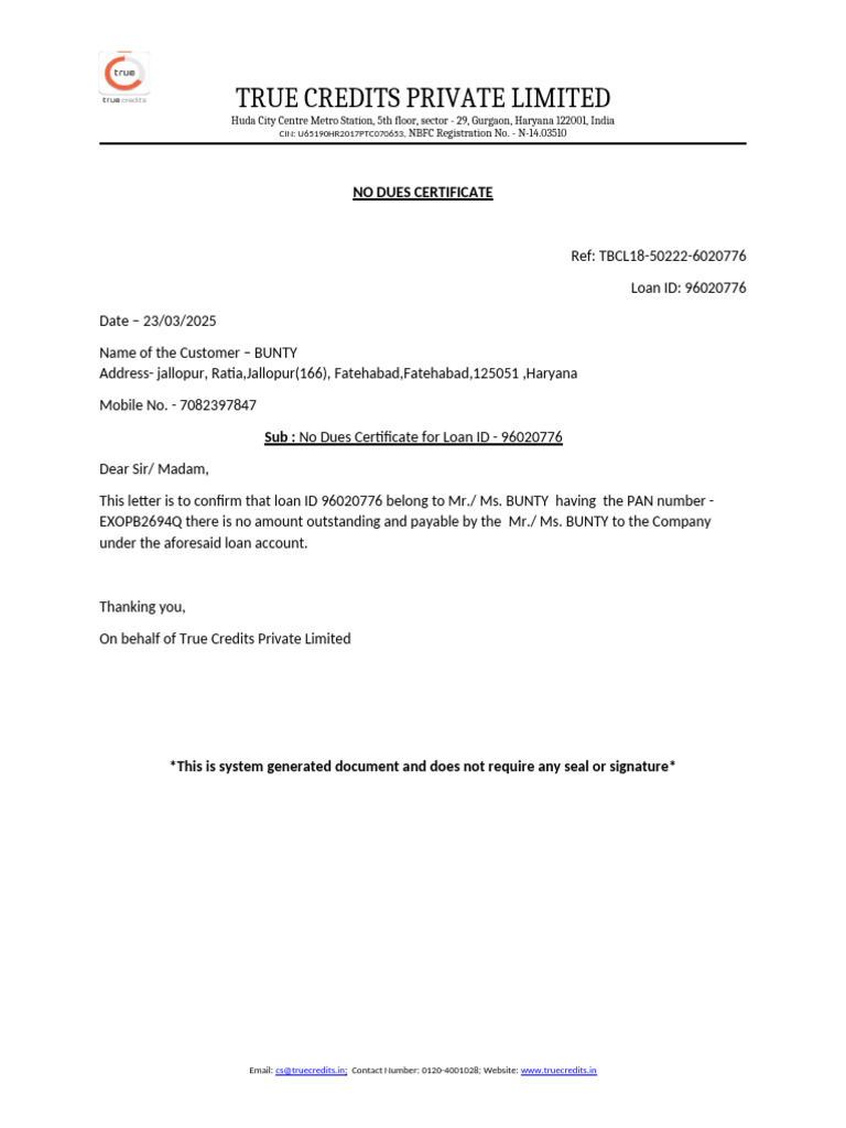 True Credits Private Limited: No Dues Certificate | PDF