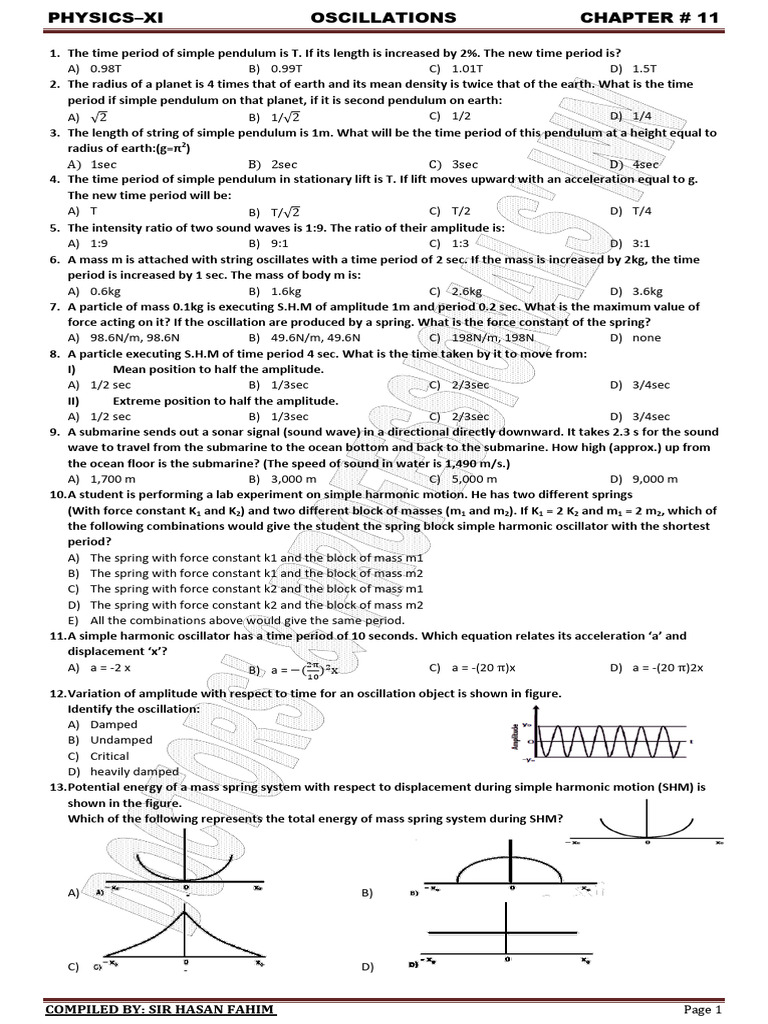 PHY XI CHAP 11 Oscillations - Worksheet | PDF | Oscillation | Waves
