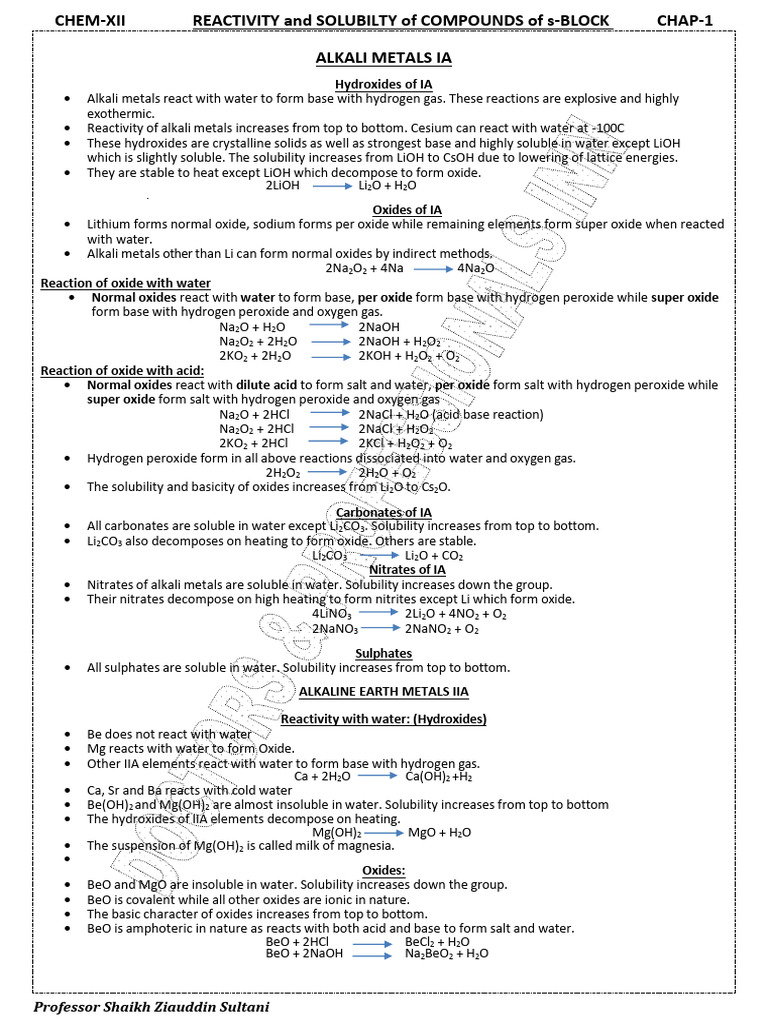 CHEM-XII - CHAP-1 S-Block - Worksheet | PDF | Hydroxide | Chemical ...