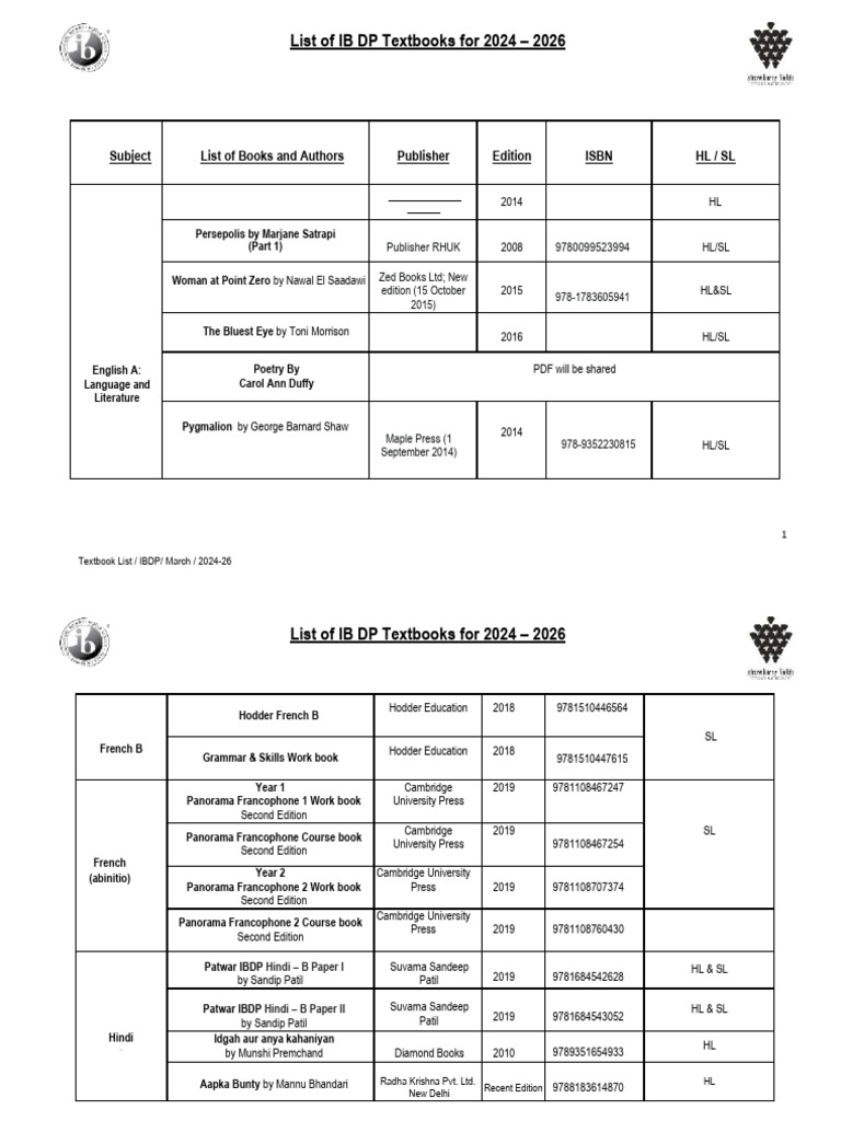 SFHS IBDP Textbook List 2024-26 - 240412 - 165748 | PDF | Schools | Educational Assessment And ...