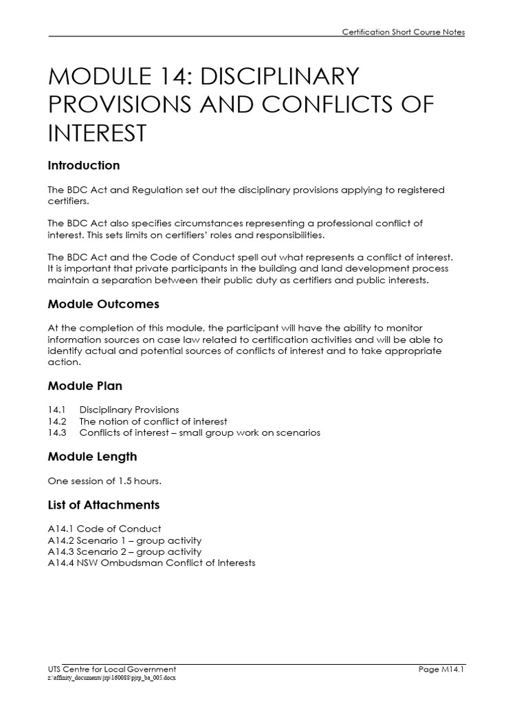 Module 14 - Disciplinary Provisions and Conflicts of Intrest | PDF | Justice | Crime & Violence