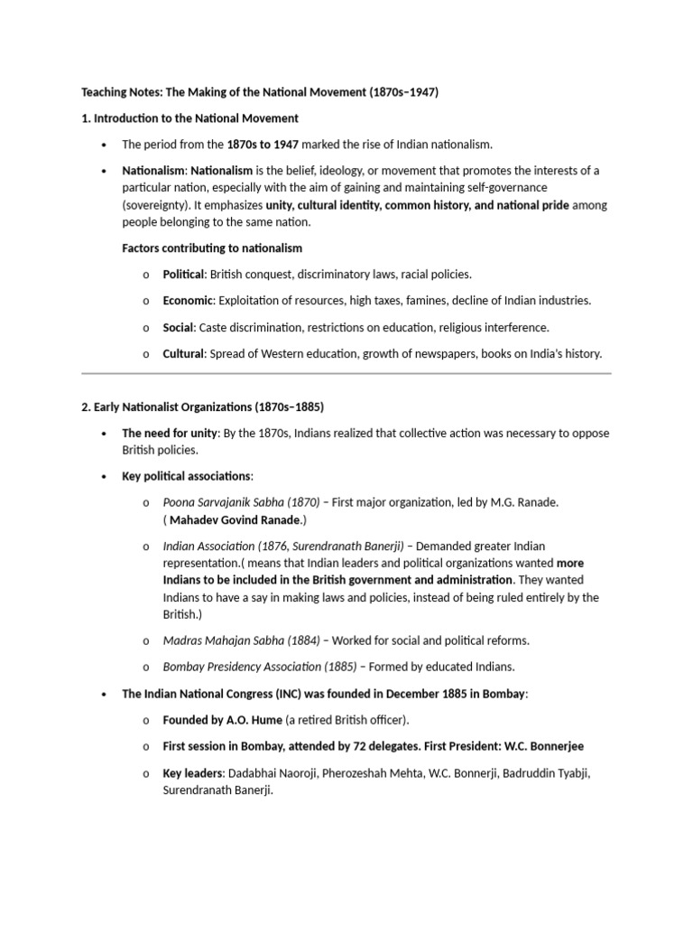 Notes On Chapter 8 History - The Making of National Movement | PDF ...