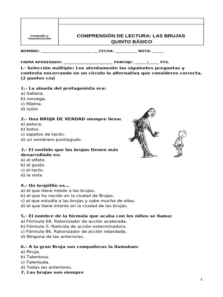 COMPRENSION DE LECTURA Las Brujas QUINTO BASICO | PDF