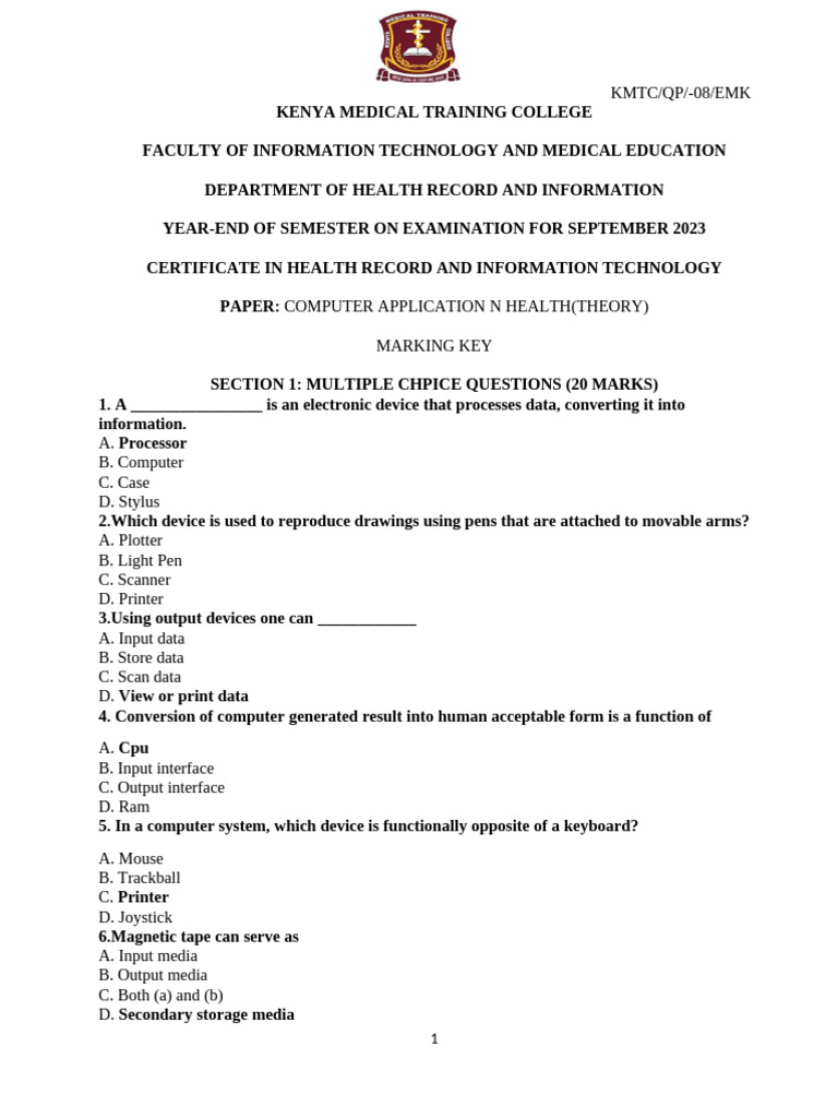 Computer Application I Mark Key Cert Hri September 2023 - Cheserek ...