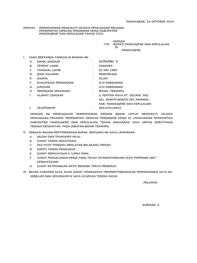 Lampiran III Surat Lamaran SURIANI S | PDF