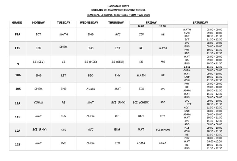 Remedial Time Table Term 2-2025 | PDF