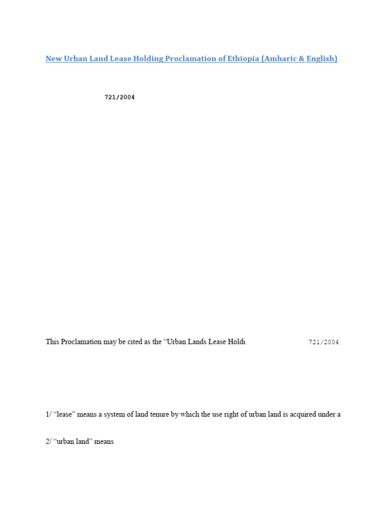 Ethiopian Lease Proclamation No 721-2004 | PDF | Lease | Leasehold Estate