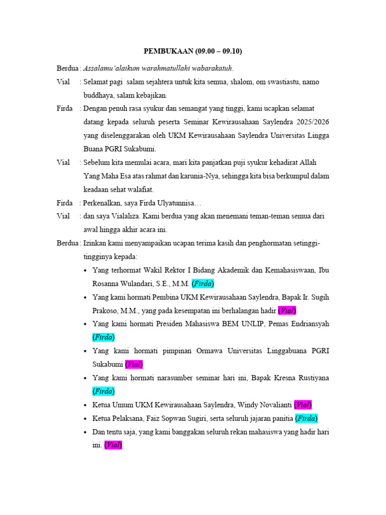 Teks MC Seminar Saylendra 2025 | PDF