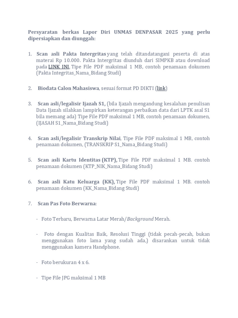 Persyaratan Lapor Diri UNMAS 2025 | PDF