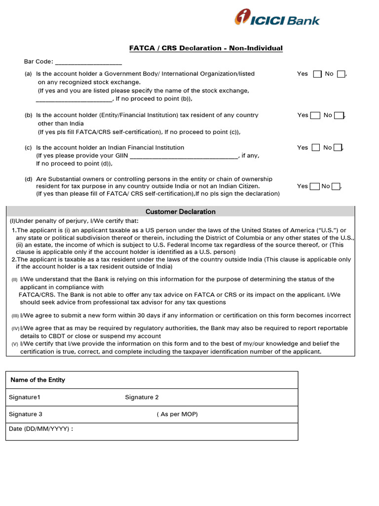 FATCA CRS Non Individual | PDF | Taxes | Government Finances