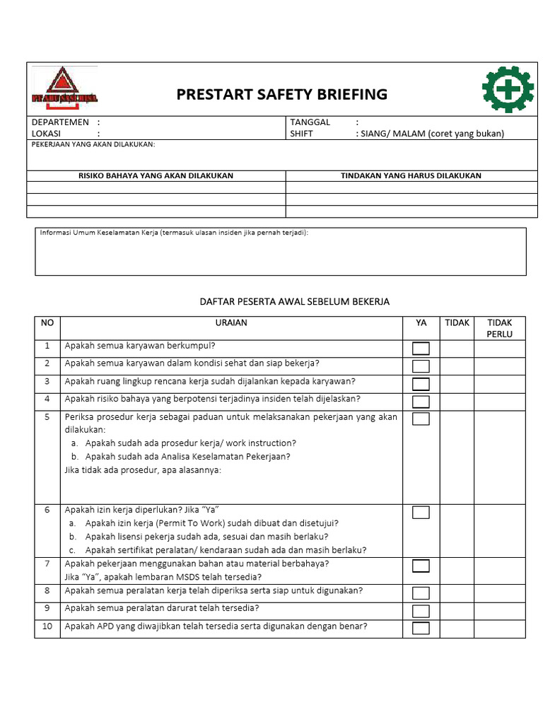 Briefing Keselamatan Pra-Pekerjaan | PDF