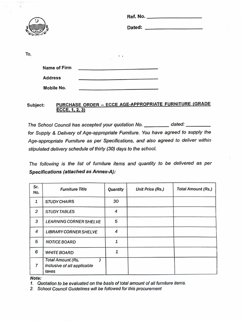 Furniture Purchase Order Template For PHCIP Schools Phase 2 & 3 | PDF