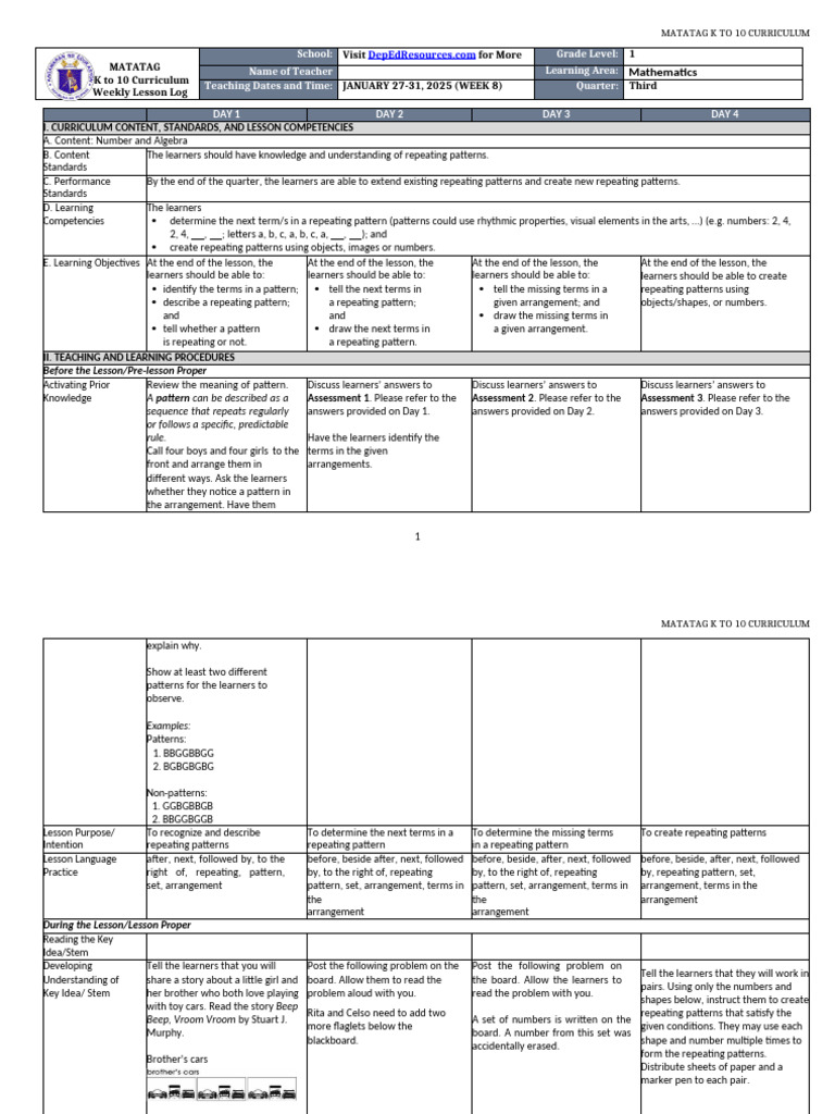 DLL Matatag - Mathematics 1 q3 - w8 | PDF | Learning | Educational Assessment