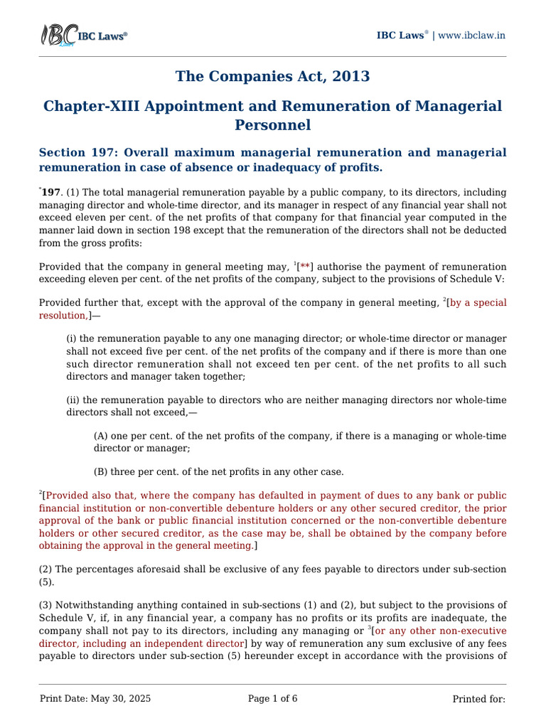 Section 197 of The Companies Act 2013 Overall Maximum Managerial ...