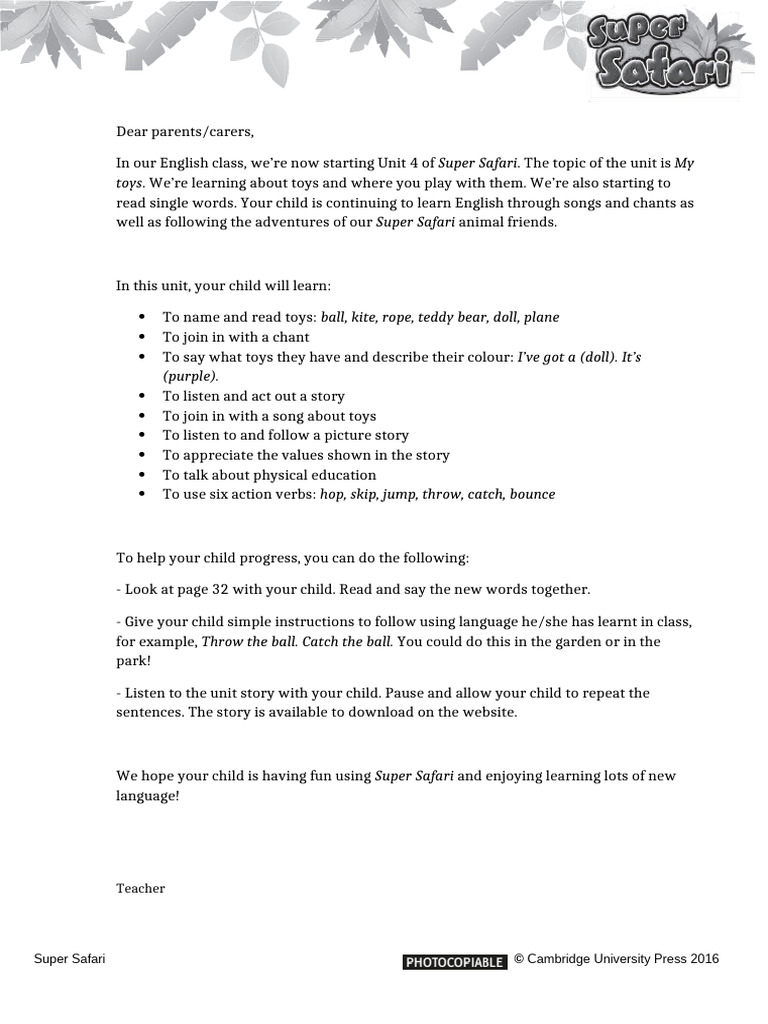 Super Safari Letter To Parents L3 U4 | PDF