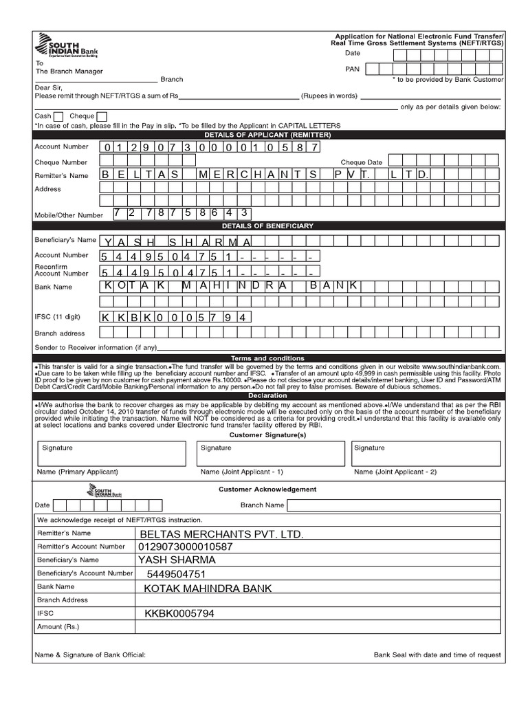 NEFT/RTGS Forms for Kotak Bank | PDF