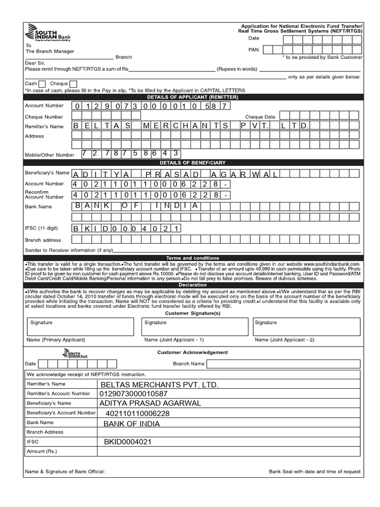 Neft Rtgs - Form Sib Aditya Prasad Aragwal | PDF