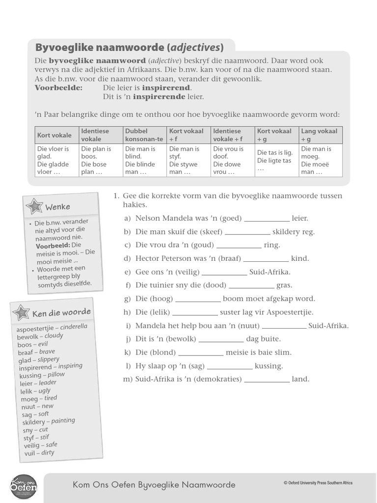 Graad 7 Afrikaans EAT Kom Ons Oefen Byvoeglike Naamwoorde | PDF