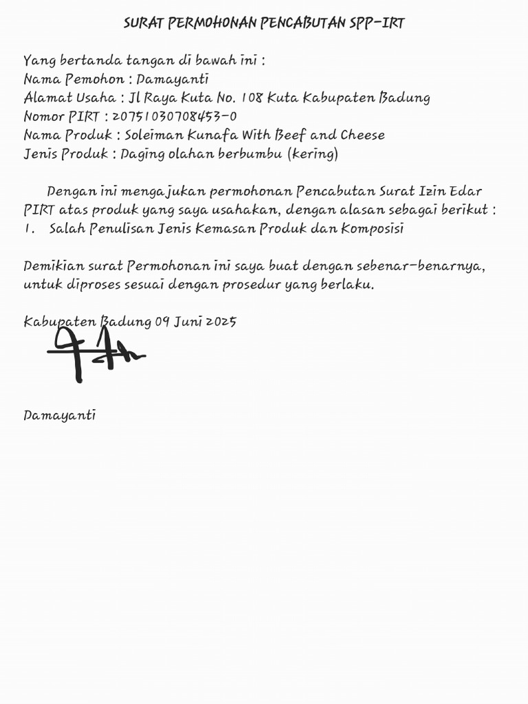 Surat Permohonan Pencabutan PIRT | PDF