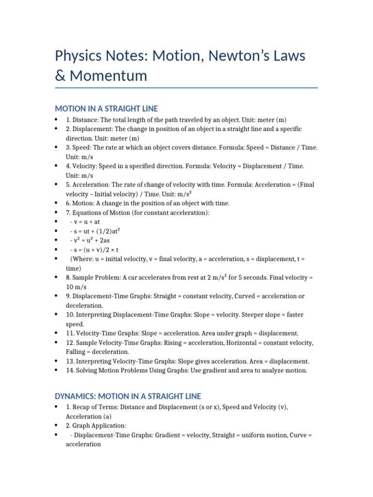Physics Notes Motion Newtons Laws Momentum | PDF | Acceleration | Velocity