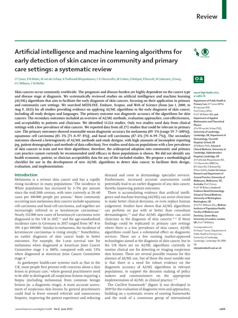 Artificial Intelligence and Machine Learning Algorithms For Early Detection of Skin Cancer in ...