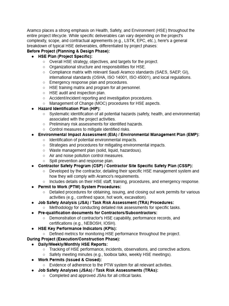 Aramco HSE Deliverables Overview | PDF | Risk Assessment | Risk