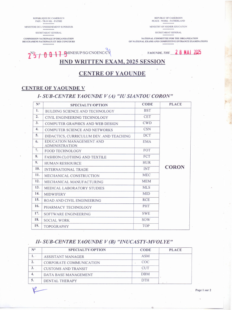 Division of Specialities HND 2025 Ydé (Written Phase) | PDF