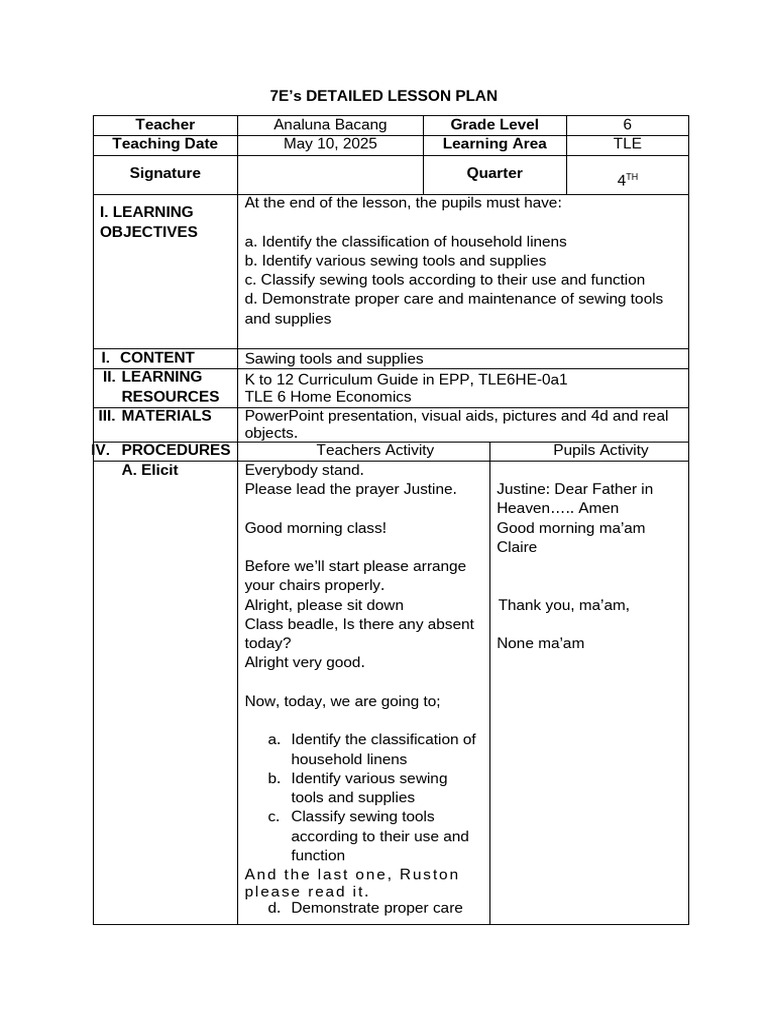 7es Lesson Plan Format by Maam Claire 1.1 | PDF | Procedural Knowledge ...